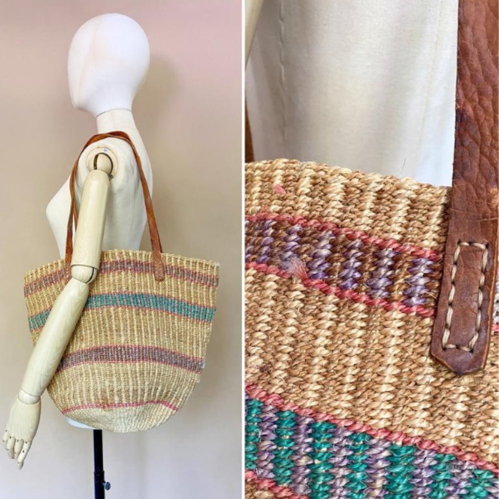 Vintage Straw Bag 70s Leather Straps - Gem